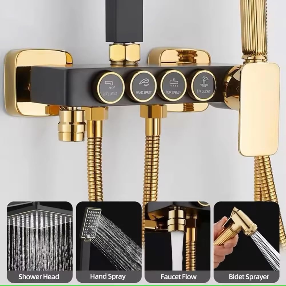 X-XONIER White and Gold Thermostatic Shower Panel System, 4-in-1 with ...